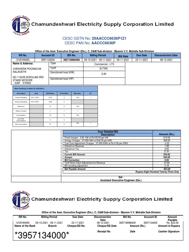 CESC GSTN No: 29AACCC6636P1Z1 Cesc Pan No: Aaccc6636P: Meter Readings ...