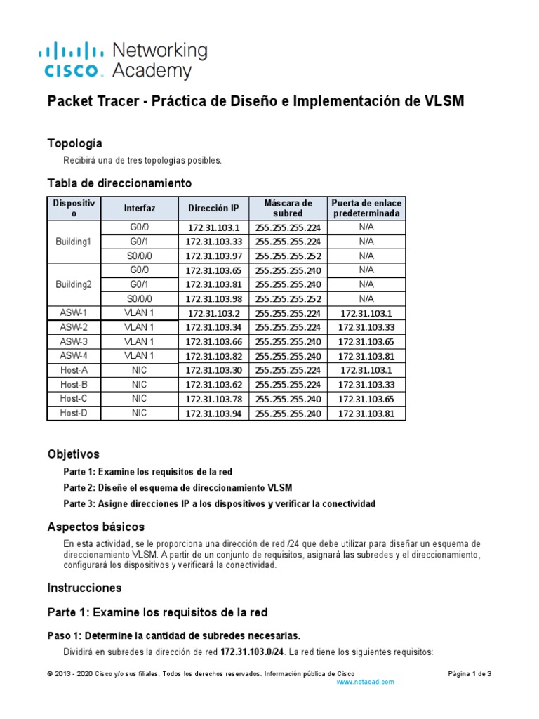 11.9.3 Packet Tracer - VLSM Design and Implementation Practice | PDF | Dirección IP | Red de ...