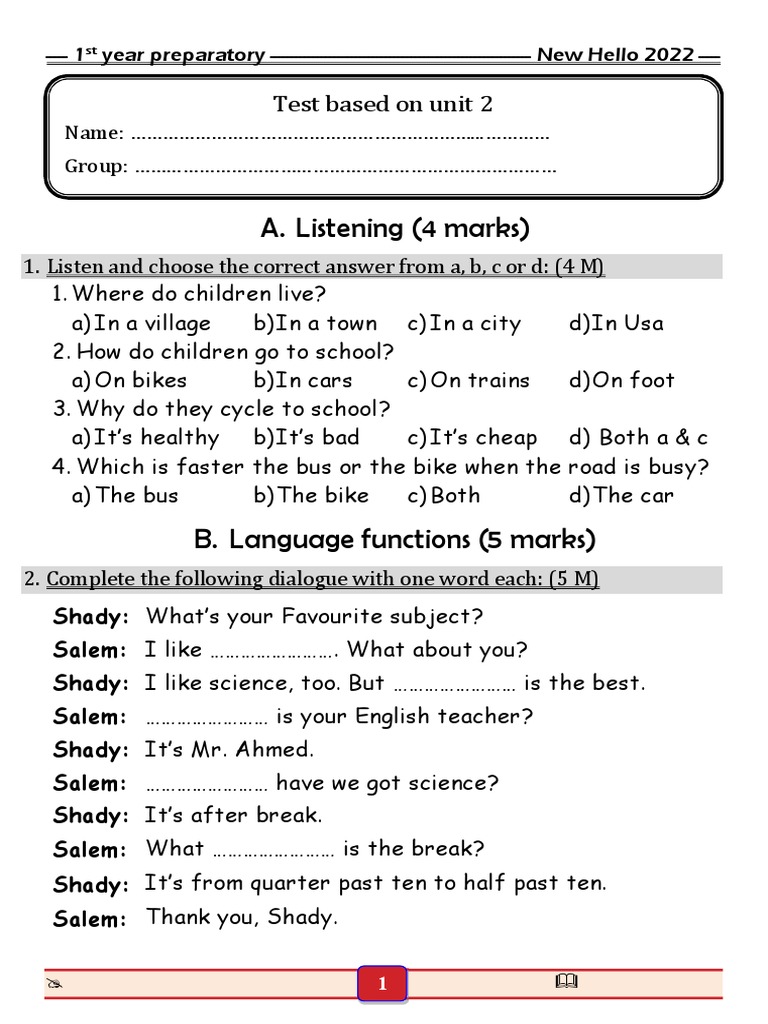 A. Listening (4 Marks) : Test Based On Unit 2 | PDF