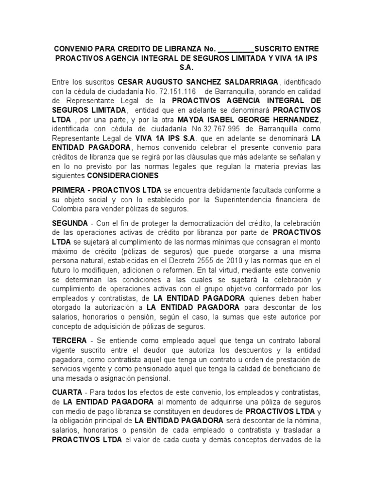 Convenio para Credito de Libranza Viva 1a - Proactivos | PDF | Póliza ...