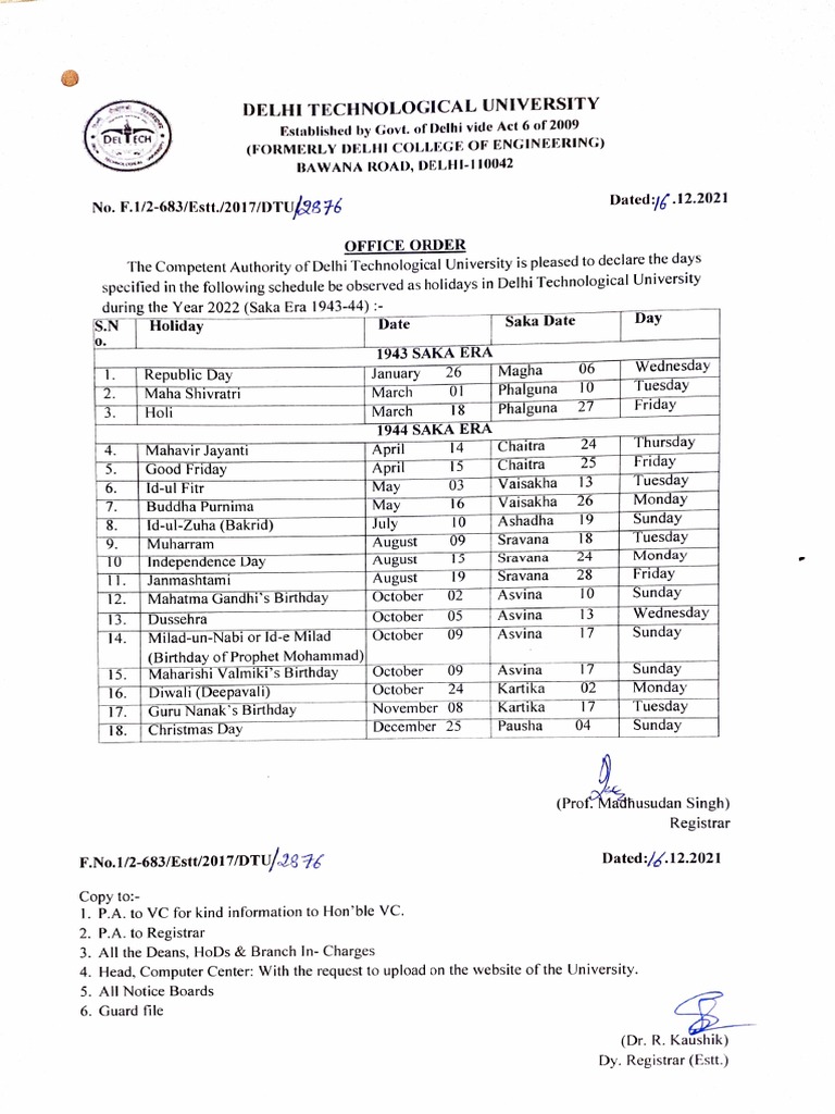 Dtu 2022 Holidays | Download Free PDF | Observances | Lunisolar Calendars