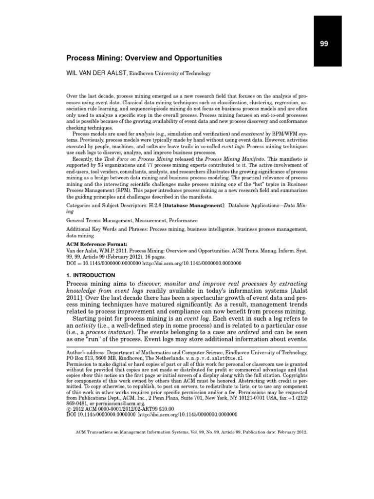 Process Mining: Overview and Opportunities: ACM Reference Format | PDF ...