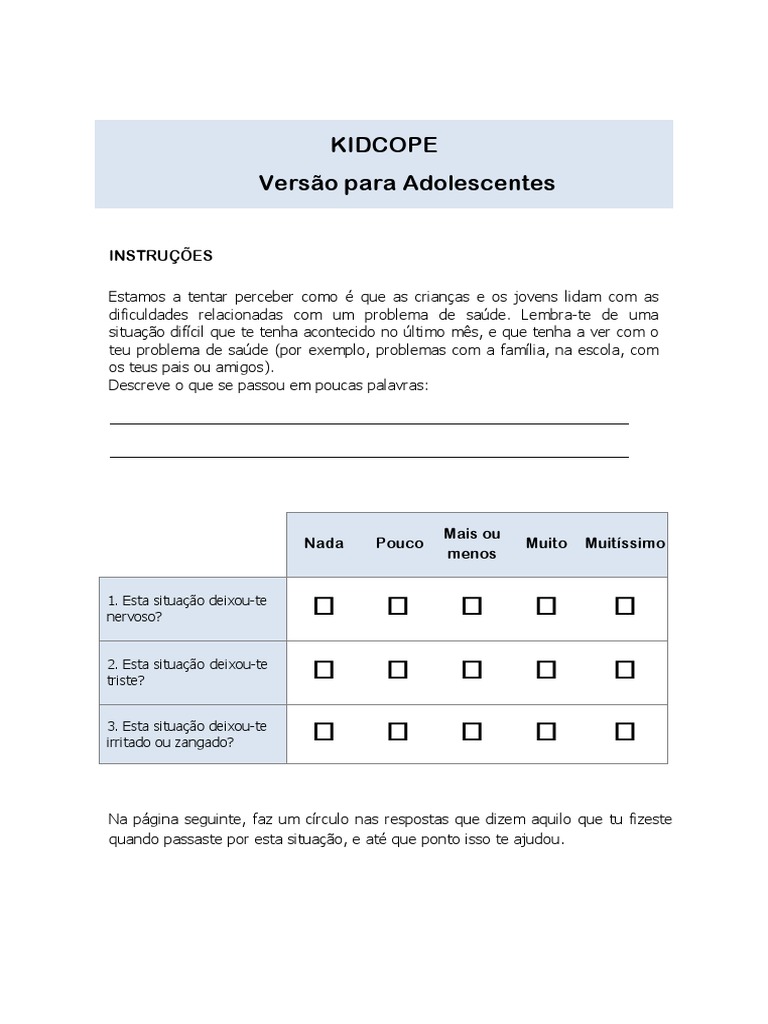 KIDCOPE Adolescentes (Questionário) | PDF