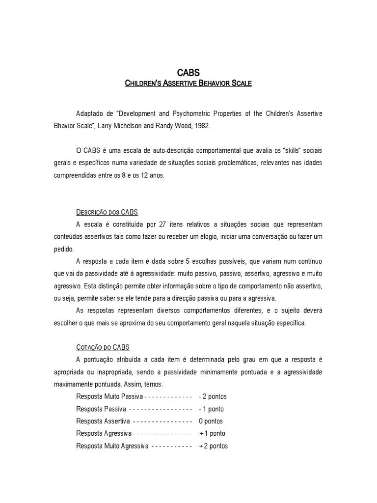 CABS - Escala de Comportamento Assertivo Infantil | PDF | Comportamento ...