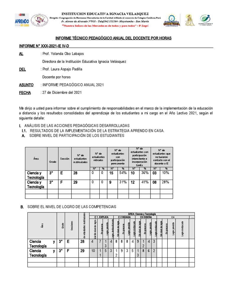 Informe Técnico Pedagógico Anual | PDF | Evaluación | Aprendizaje