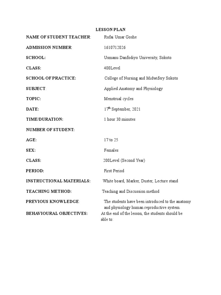 Lesson Plan On Menstrual Cycles | PDF