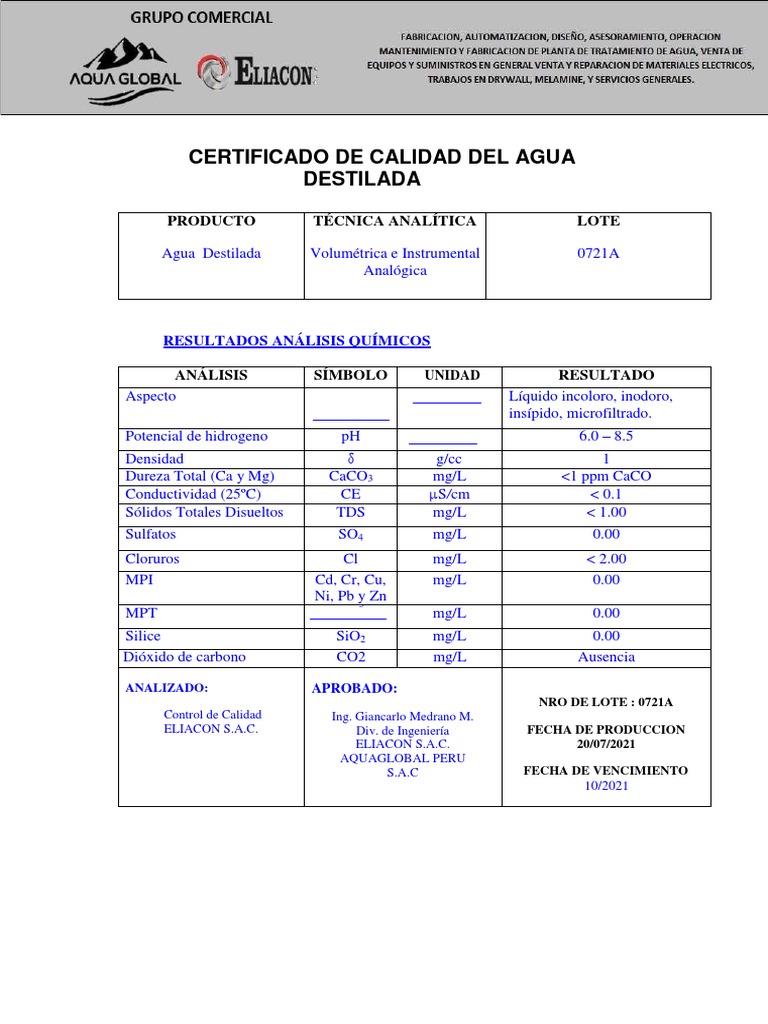Certificado de Calidad de Agua Destilada (LT0721A) - Grupo Corporativo ... Certificado de Calidad de Agua Destilada (LT0721A) - Grupo Corporativo ...