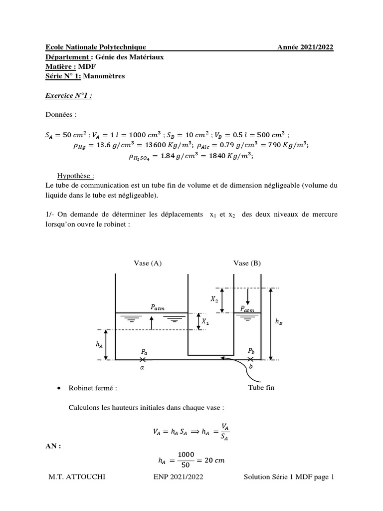 Solution TD N°1 MDF 21 - 22 | PDF | Chimie physique | Sciences physiques
