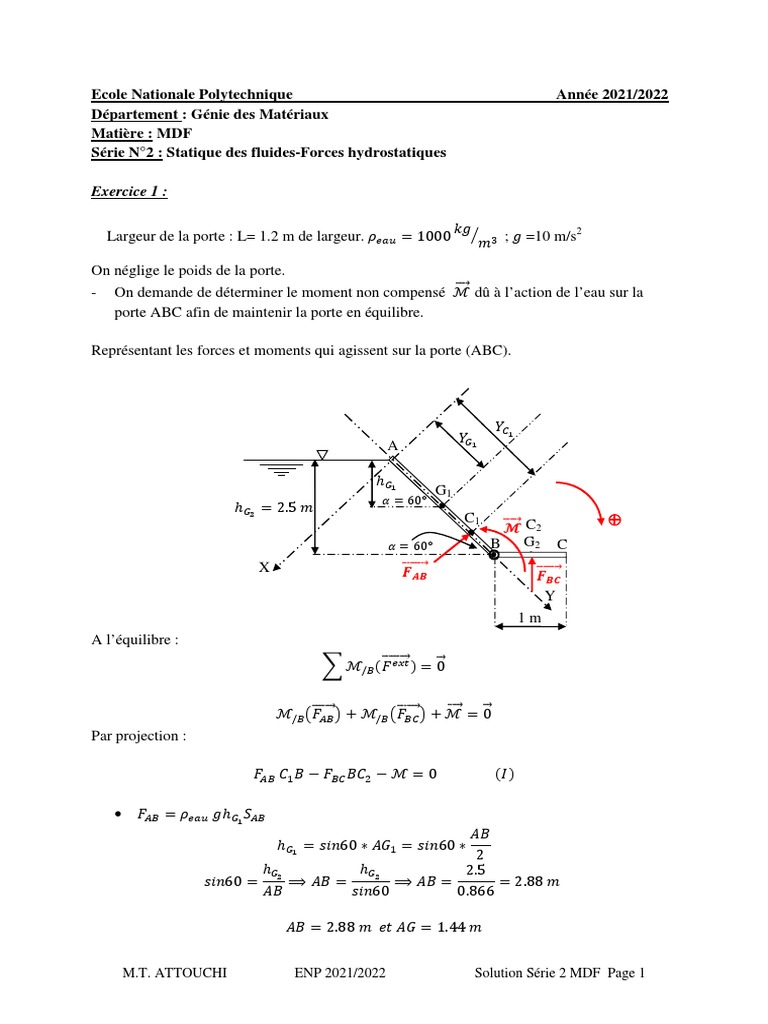 Solution TD N°2 MDF - Exo 1 Et EXo2 - 21 - 22 - Statique Des Fluides | PDF