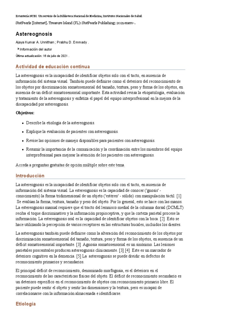 Astereognosis - StatPearls - Estantería NCBI | PDF | Sistema ...