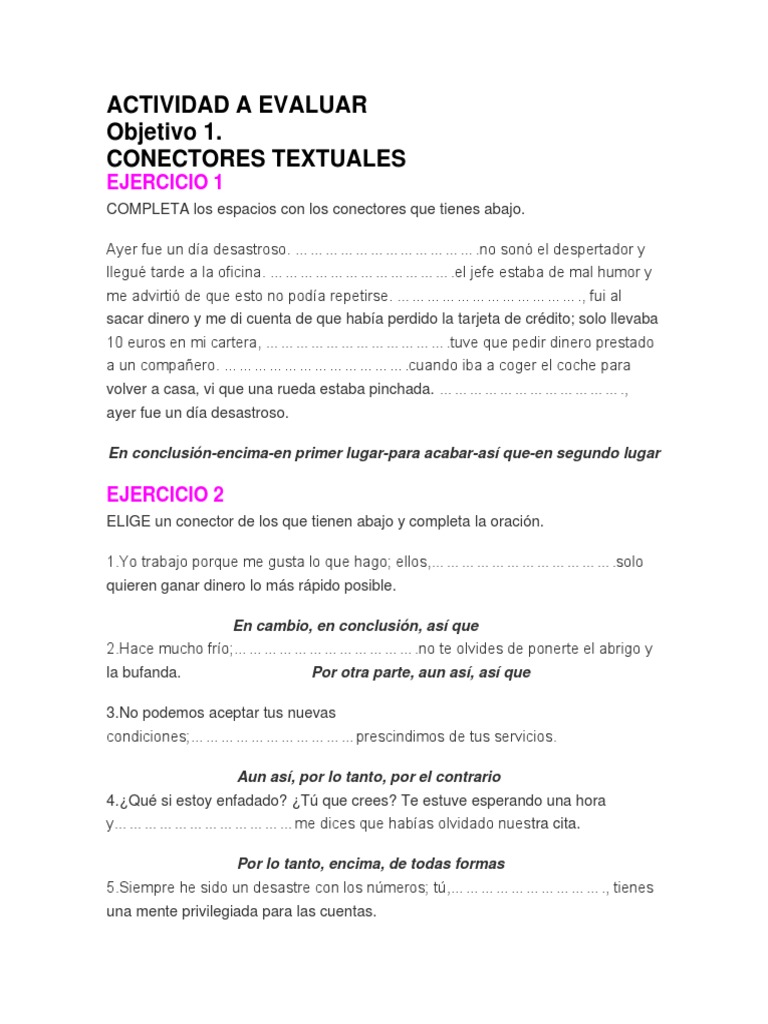 CONECTORES TEXTUALES. Ejercicios | PDF