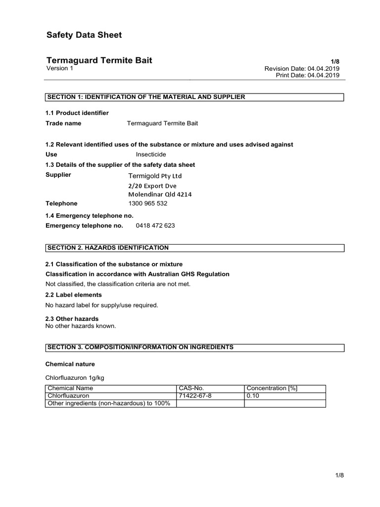 Termaguard Termite Bait Safety Data Sheet | PDF | Dangerous Goods ...