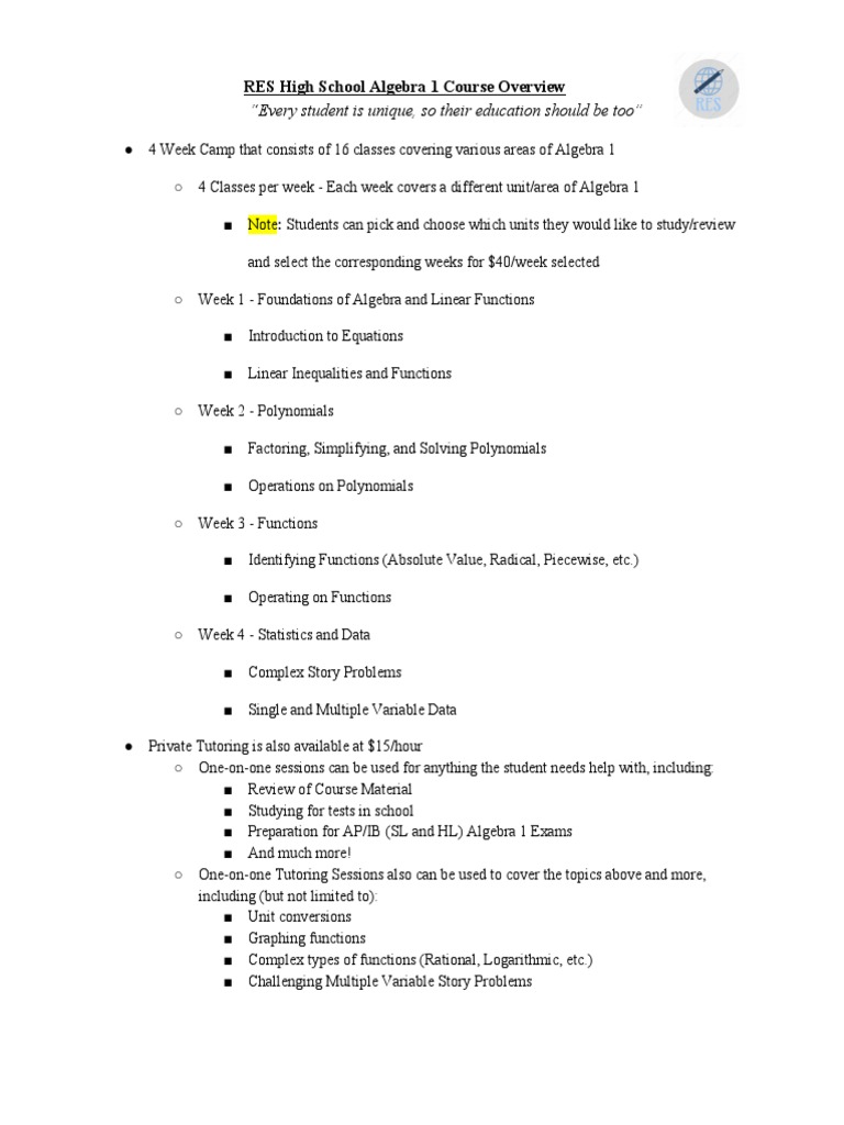 Res High School Algebra 1 Course Overview | PDF
