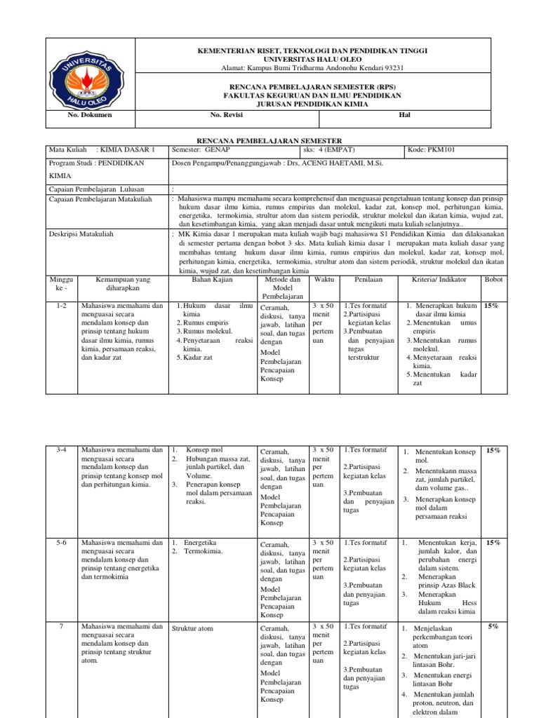 RPS Kimia Dasar 1 | PDF