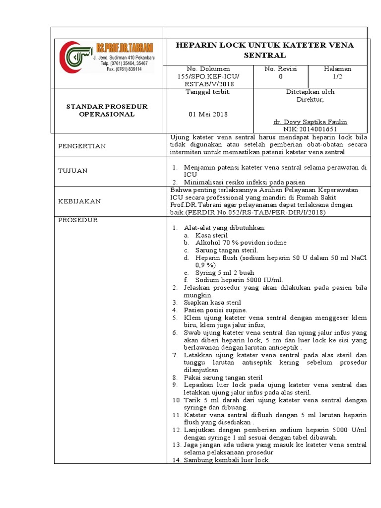 Spo Heparin Lock Out Untuk Kateter Vena Sentral | PDF