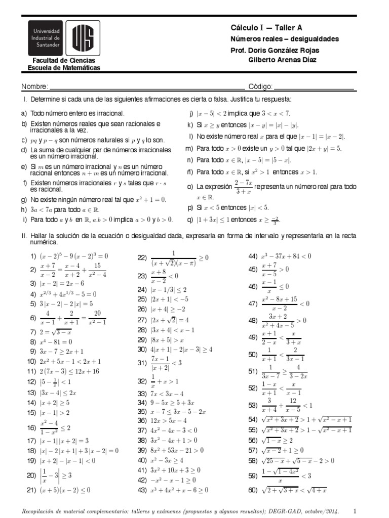 Taller Precalculo UIS | PDF | Número Real | Aritmética