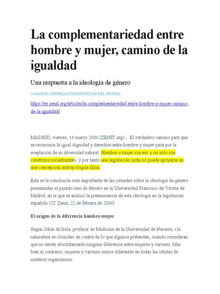 La Complementariedad Entre Hombre y Mujer | PDF | Mujer | Hemisferio ...