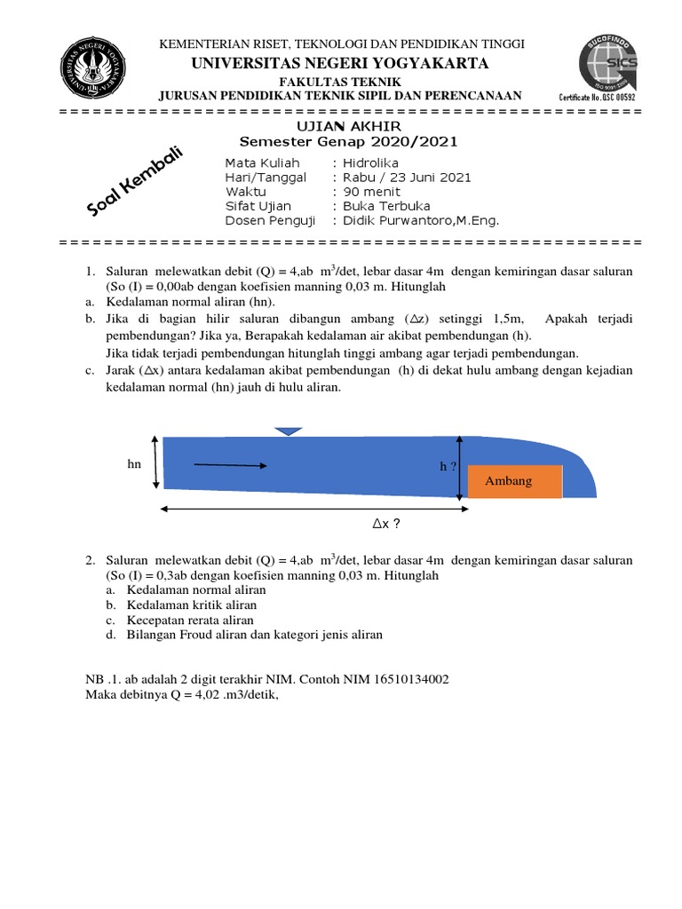 Soal Uas Hidrolika Jun 2021 | PDF