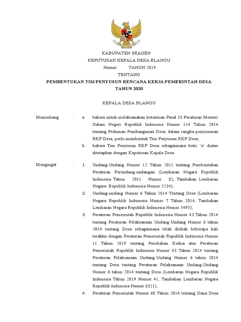 Format SK Penunjukan Tim Penyusun RKP Desa 2020 | PDF