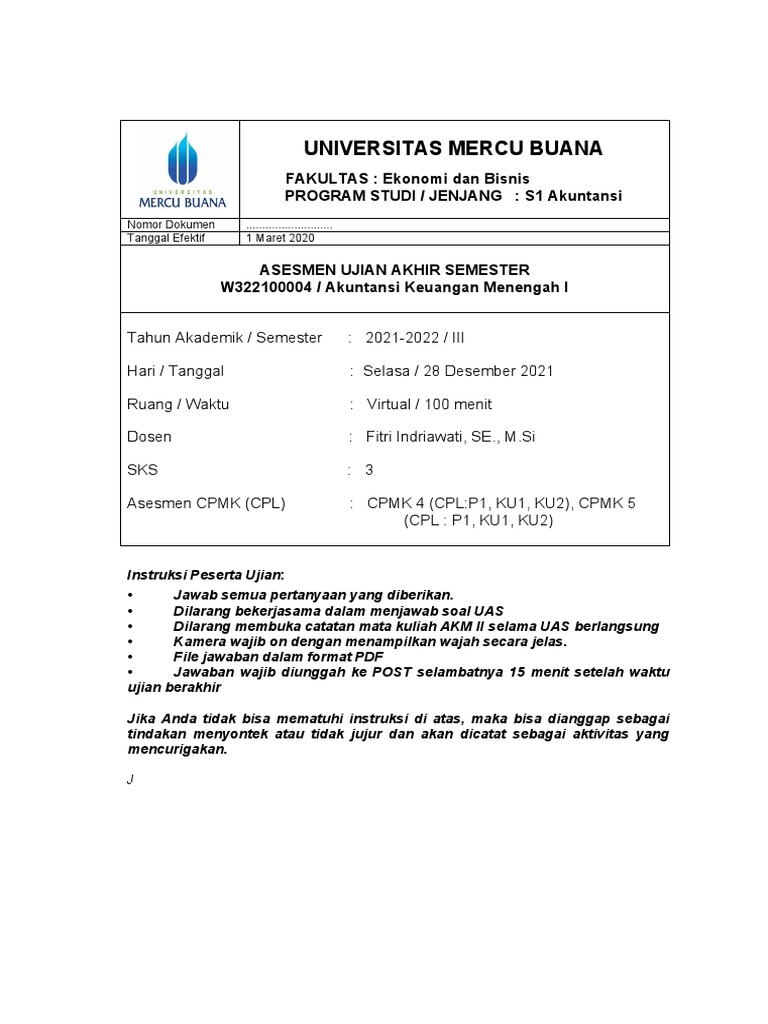 Soal Uas Akm1 Selasa Gasal 21 | PDF