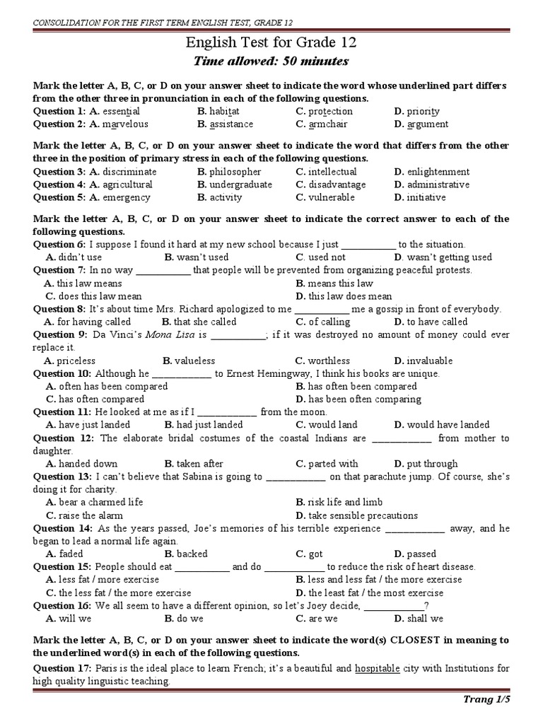 Grade 12 English Test Review: Key Terms, Grammar, Reading Comprehension ...