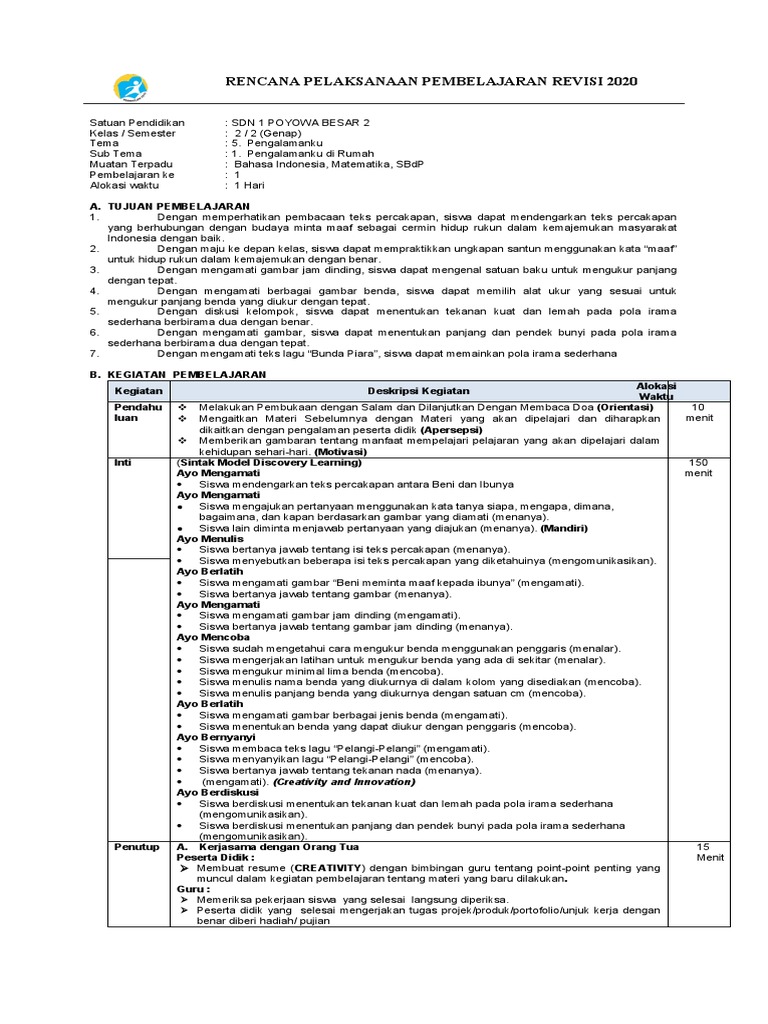 RPP Tema 5 SBT 1 Pem 1 Kls 2 Hots | PDF | Seni & Disiplin Bahasa