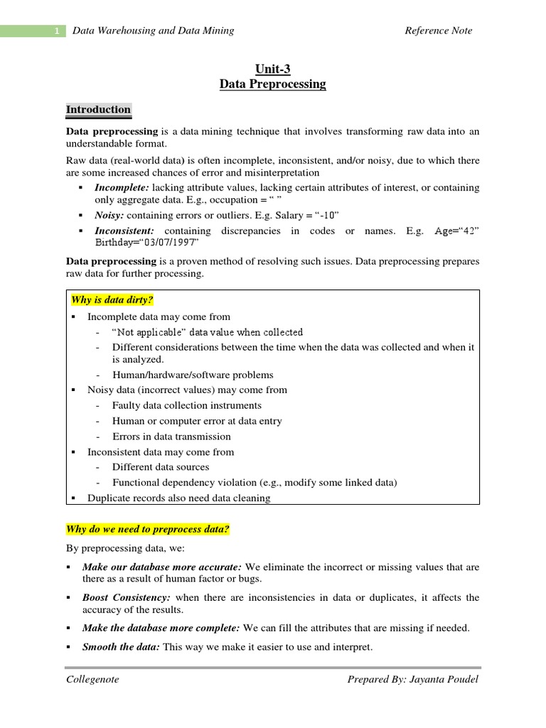 Unit-3 Data Preprocessing | PDF | Cluster Analysis | Standard Score