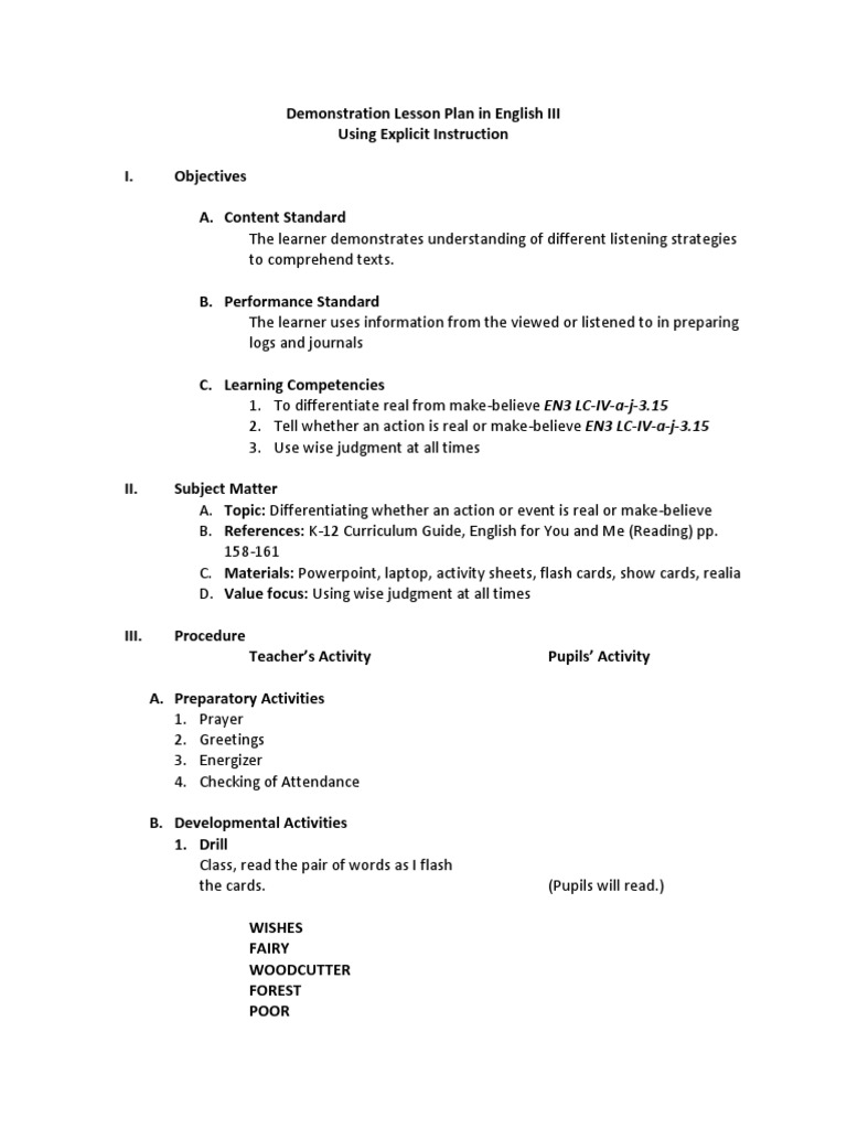 Lesson Plan Using Explicit Instruction | PDF | Lesson Plan