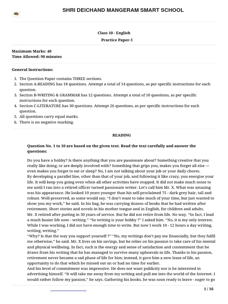 English Practice Paper - 1 | PDF | Literacy | Rain