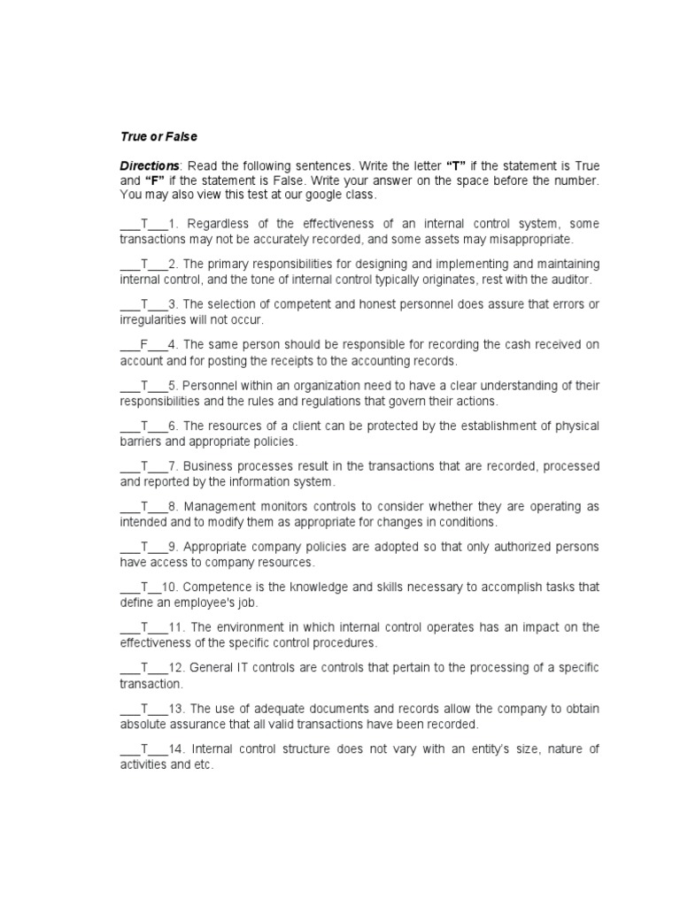 Unit Iv Assessment Part Ii Internal Control A Tool in Managing Risk ...