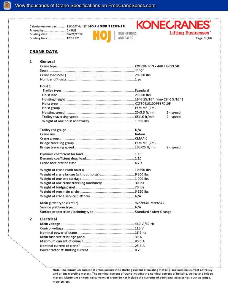 Crane Data: 1 General | PDF | Electric Motor | Crane (Machine)