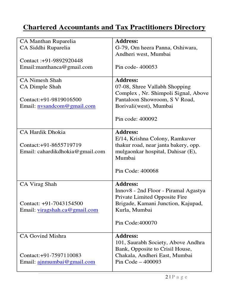 Chartered Accountants and Tax Practitioners Directory: Address | PDF