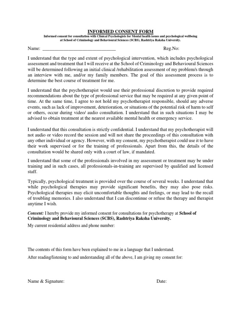 Consent Form Assessment and Treatment | Download Free PDF ...