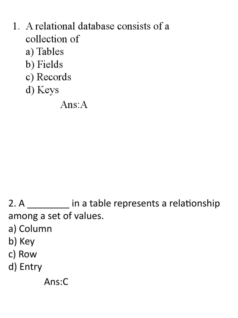 A Relational Database Consists of A Collection of A) Tables B) Fields C ...