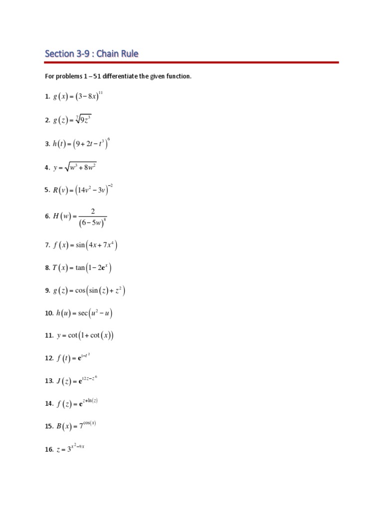 Section 3-9: Chain Rule: For Problems 1 - 51 Differentiate The Given ...