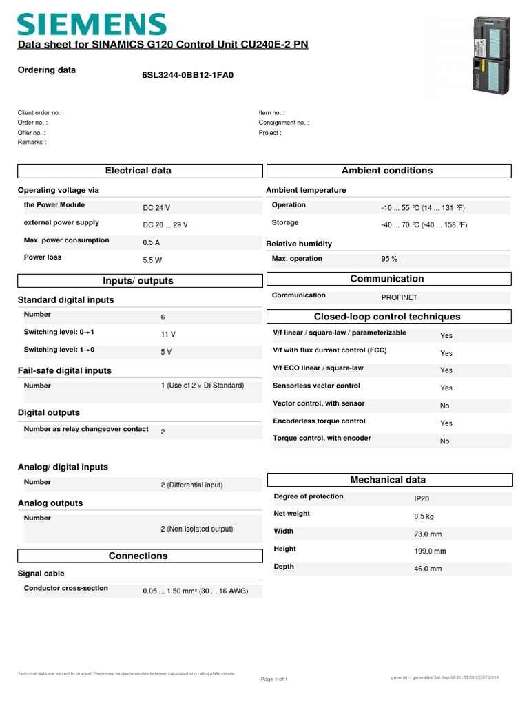 Data Sheet For SINAMICS G120 Control Unit CU240E-2 PN: Ambient ...