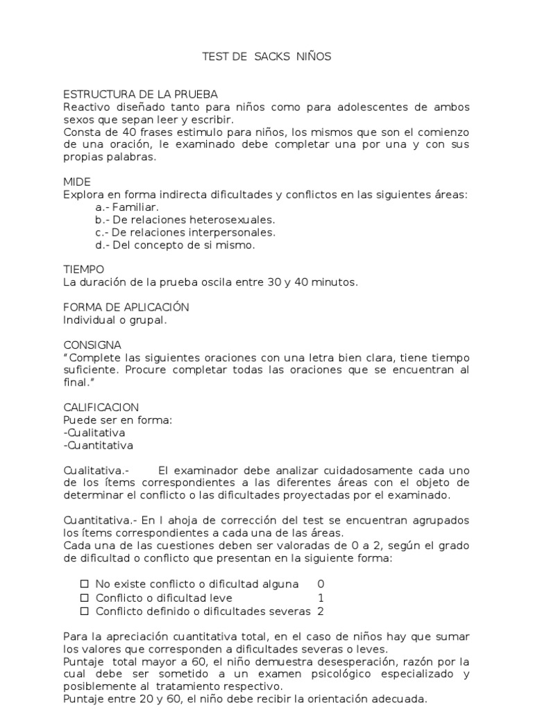 Test Sacks para Evaluación Infantil | PDF | Sicología