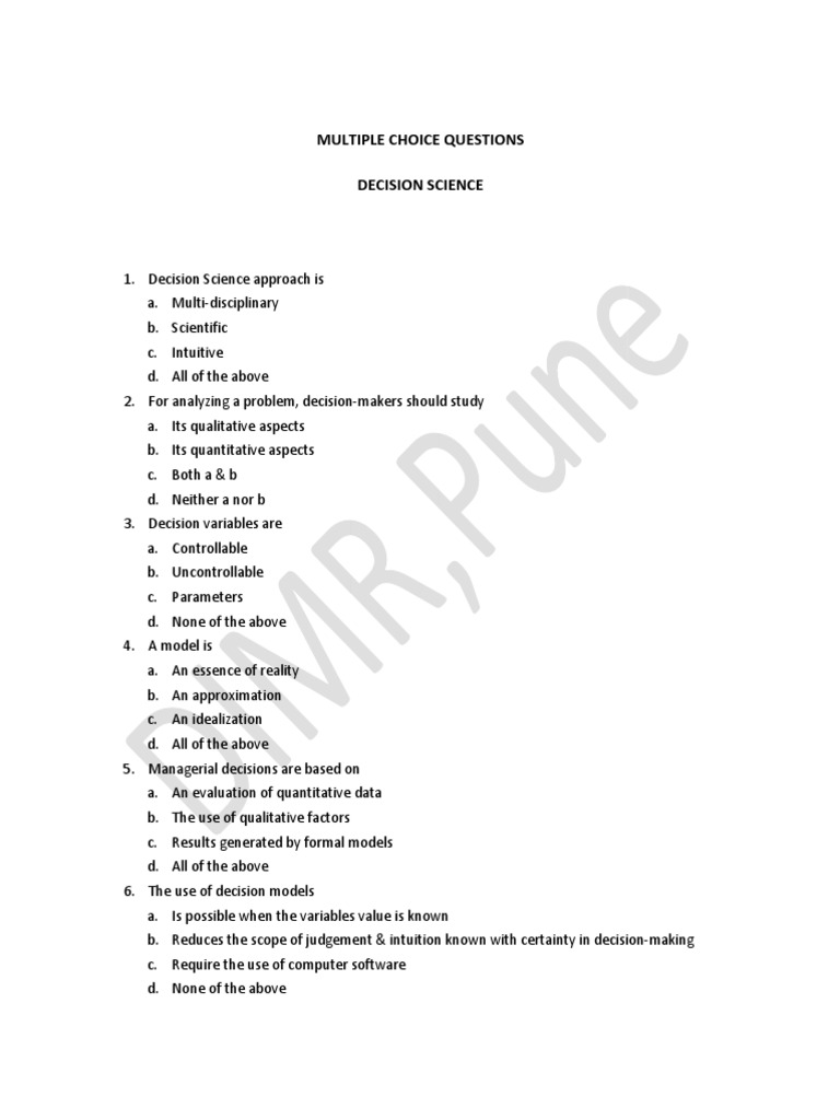 Decision Science MCQs | PDF | Mathematical Optimization | Linear Programming