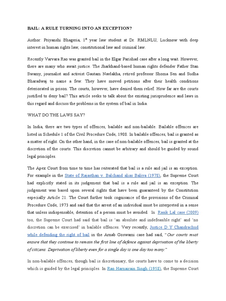 Bail: A Rule Turning Into An Exception?: State of Rajasthan v. Balchand ...