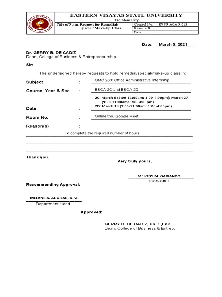 Make-Up Class Form | PDF