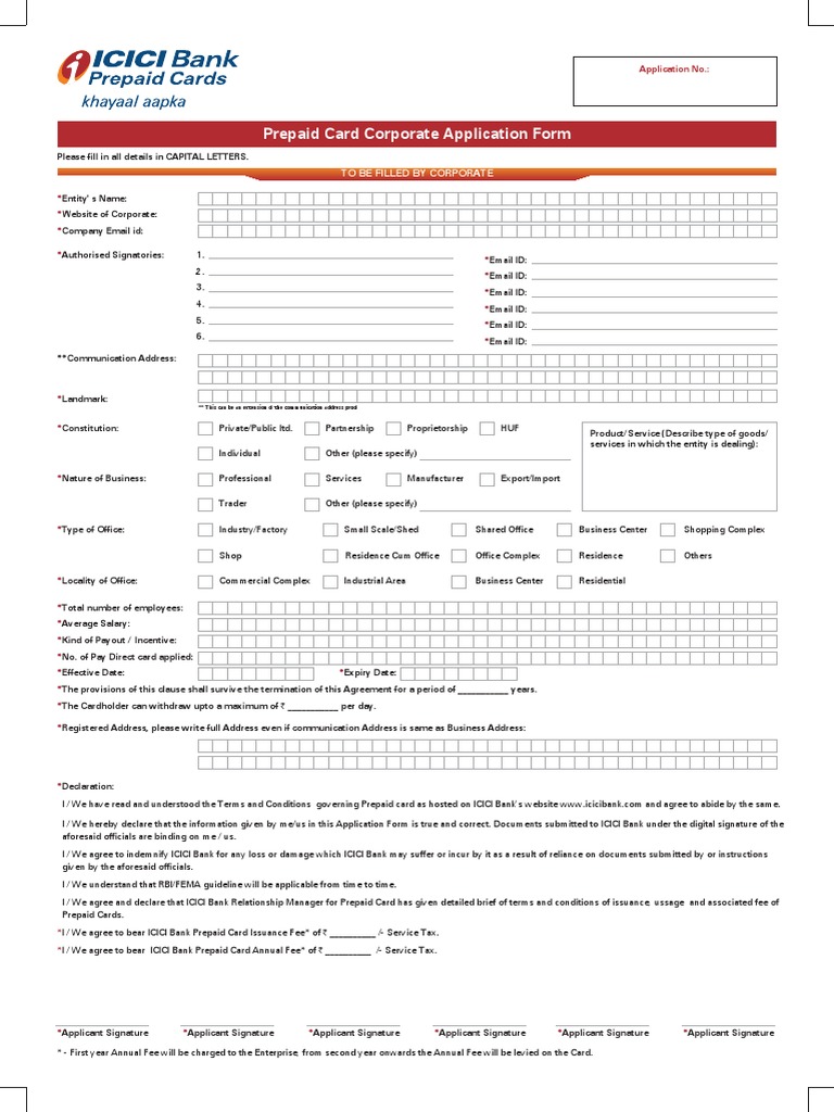 Prepaid Card Corporate Application Form: To Be Filled by Corporate ...