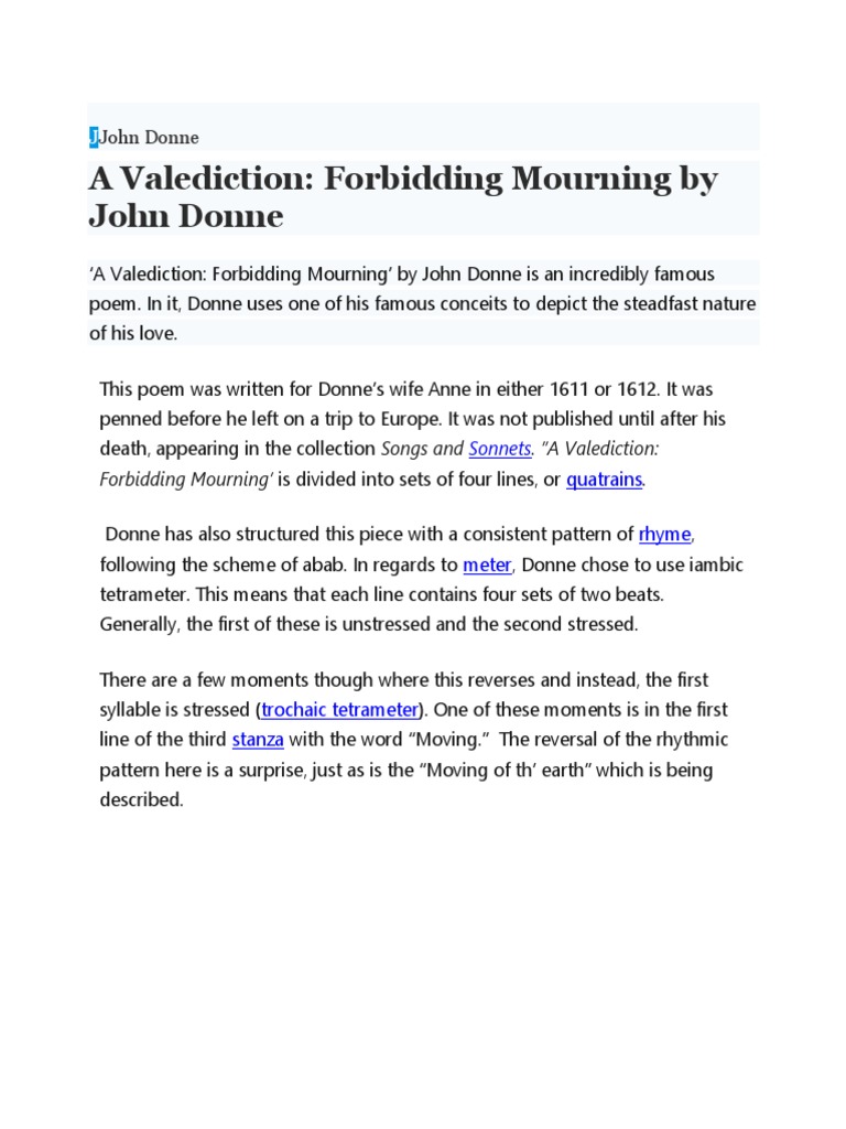 A Valediction: Forbidding Mourning by John Donne | PDF | Poetry ...