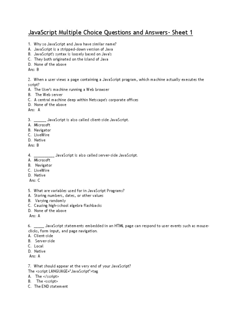 JavaScript MCQ Sheet 1- Key Concepts | PDF | Java Script | Internet & Web