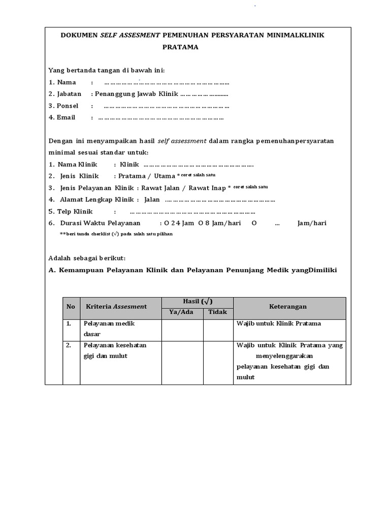 Dokumen Self Assesment Pemenuhan Persyaratan Minimal Klinik Pratama | PDF