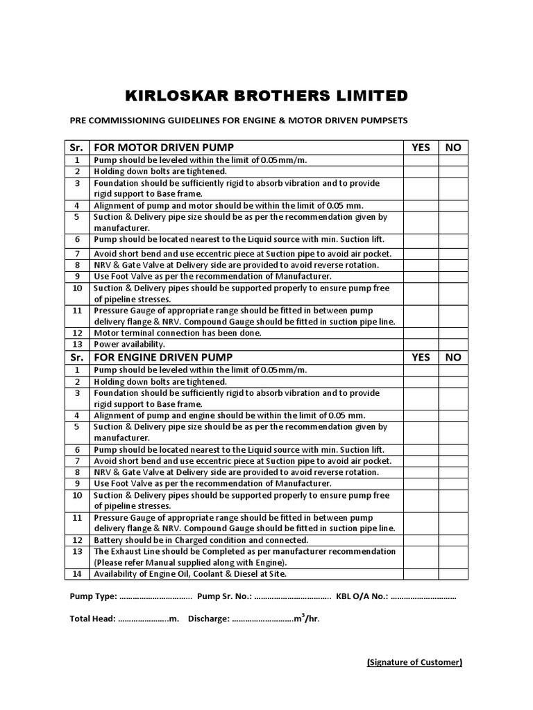 Pre-Commissioning Check List | PDF | Pump | Engines