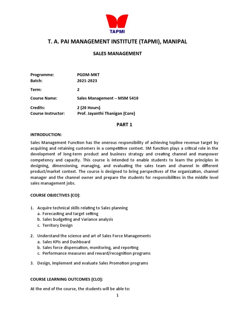 Sales Management MSM 5410-Course Outline | Download Free PDF | Sales ...