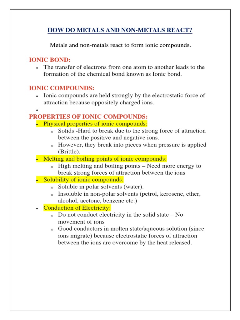 Metals vs Non-Metals: Ionic Reactions Explained | PDF