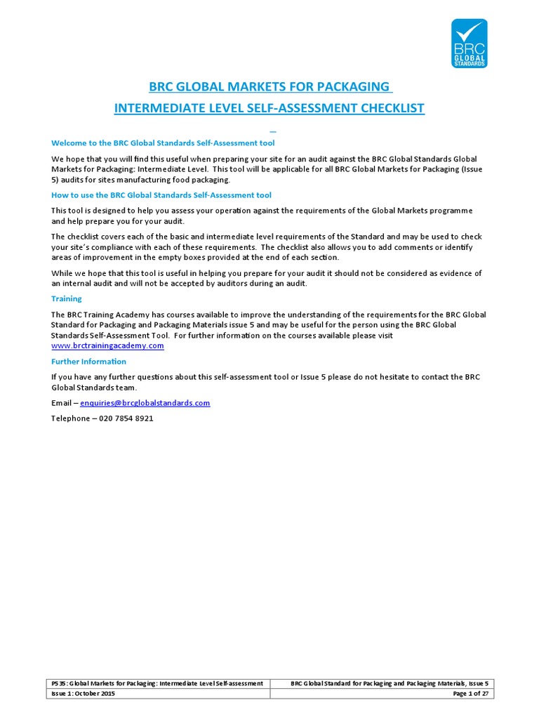 BRC Global Markets For Packaging Intermediate Level Self-Assessment ...