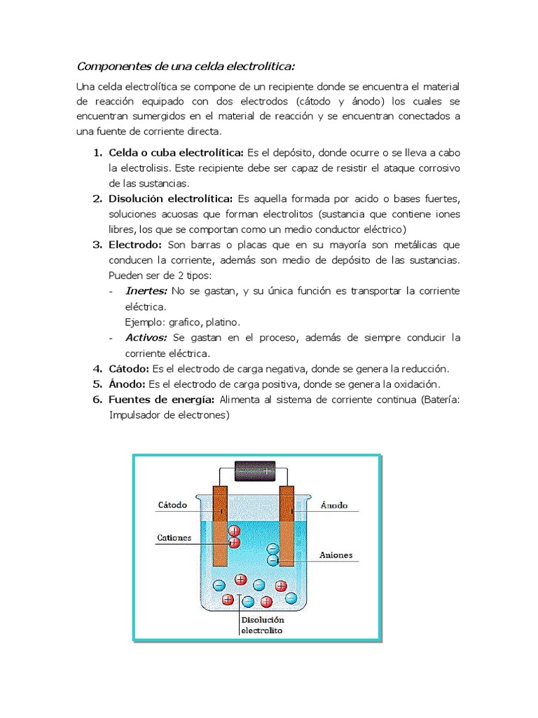 Componentes de Una Celda Electrolítica | PDF | Electrodo | Electrólito