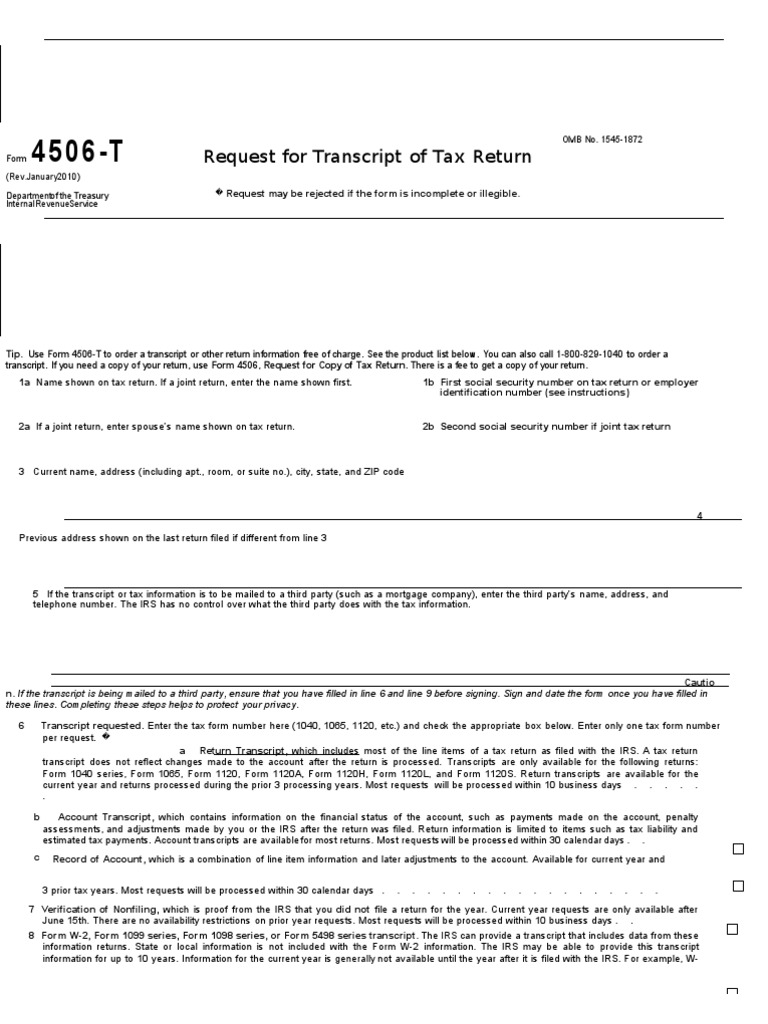 4506t - WORD Version (Request For Transcript of Tax Returns) | PDF ...